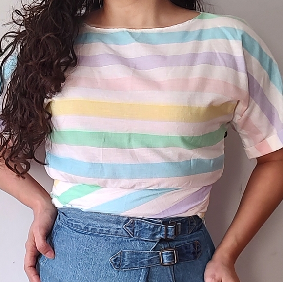 Vintage | Tops | Vintage Pastel Rainbow Striped Cropped Top | Poshmark